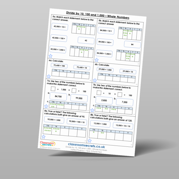 Year 5 Divide By 10 100 And 1 000 Whole Numbers Varied Fluency Resource ...