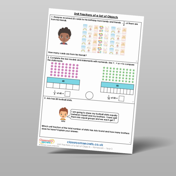 Year 3 Unit Fractions Of A Set Of Objects Homework Resource Classroom Secrets