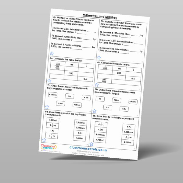 Year 5 Millimetres And Millilitres Varied Fluency Resource | Classroom ...