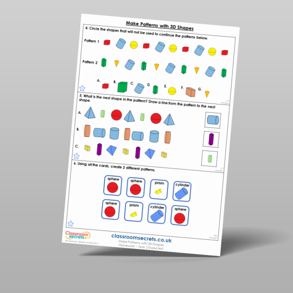 Year 2 Make Patterns With 3d Shapes Homework Resource | Classroom Secrets