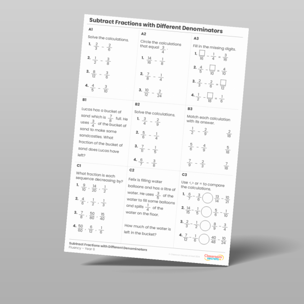 Year 6 Subtract Fractions With Different Denominators Fluency Matrix Resource | Classroom Secrets
