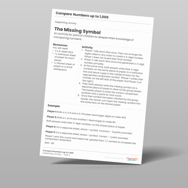 Year 3 Compare Numbers Up To 1 000 Supporting Activity Resource ...