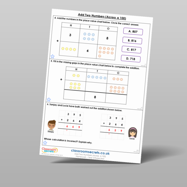 Year 3 Add Two Numbers Across A 100 Homework Resource | Classroom Secrets