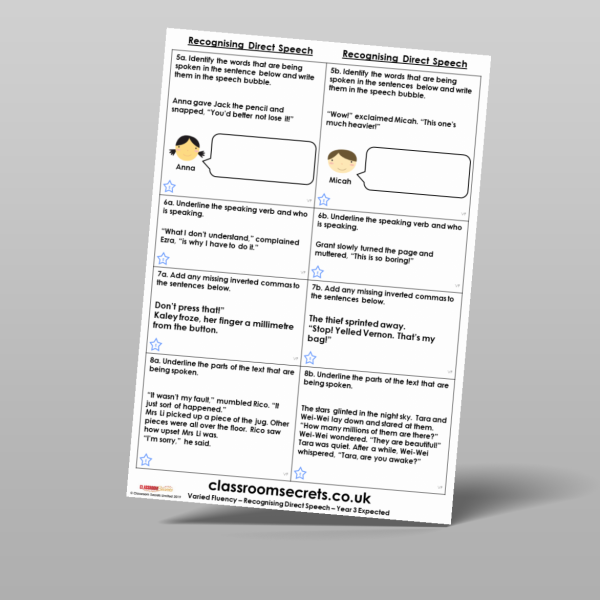 Year 3 Recognising Direct Speech Varied Fluency Resource Classroom Secrets