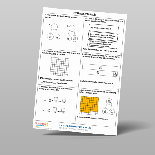 Year 4 Tenths As Decimals Prior Learning Resource | Classroom Secrets