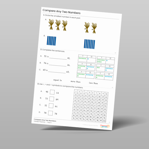 Year 1 Compare Any Two Numbers Varied Fluency Resource | Classroom Secrets