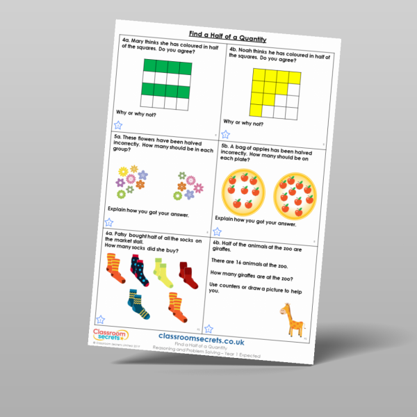 Year 1 Find A Half Of A Quantity Reasoning And Problem Solving Resource ...