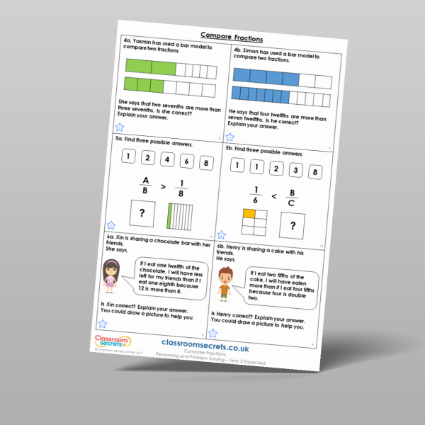 Year 3 Compare Fractions Reasoning And Problem Solving Resource Classroom Secrets