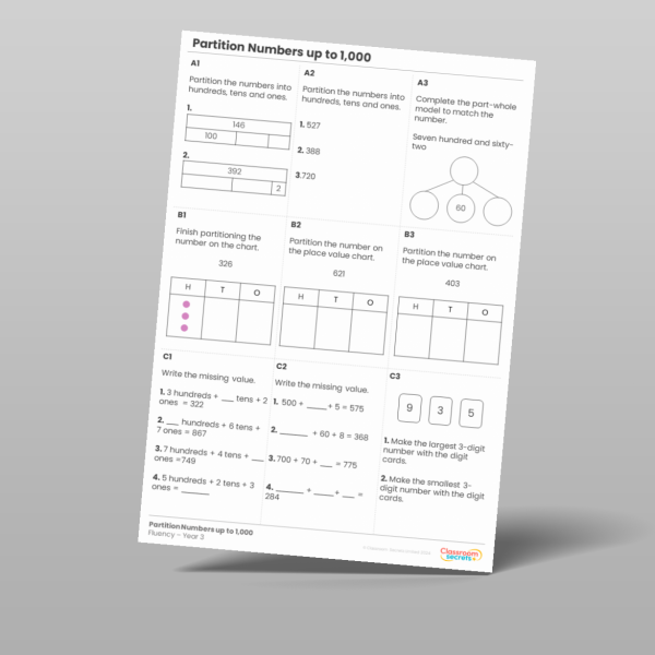 Year 3 Partition Numbers Up To 1 000 Fluency Matrix Resource ...