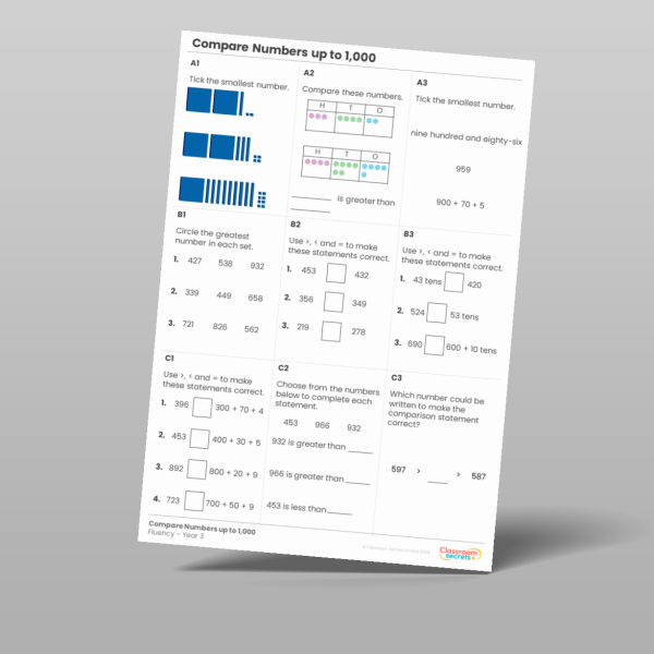 Year 3 Compare Numbers Up To 1 000 Fluency Matrix Resource Classroom Secrets