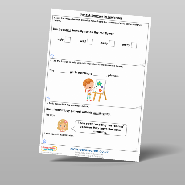 Year 2 Using Adjectives In Sentences Homework Resource | Classroom Secrets