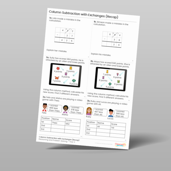 Year 3 Column Subtraction With Exchanges Recap Reasoning And Problem ...