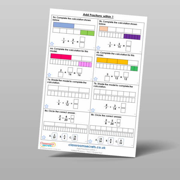 Year 5 Add Fractions Within 1 Varied Fluency Resource | Classroom Secrets