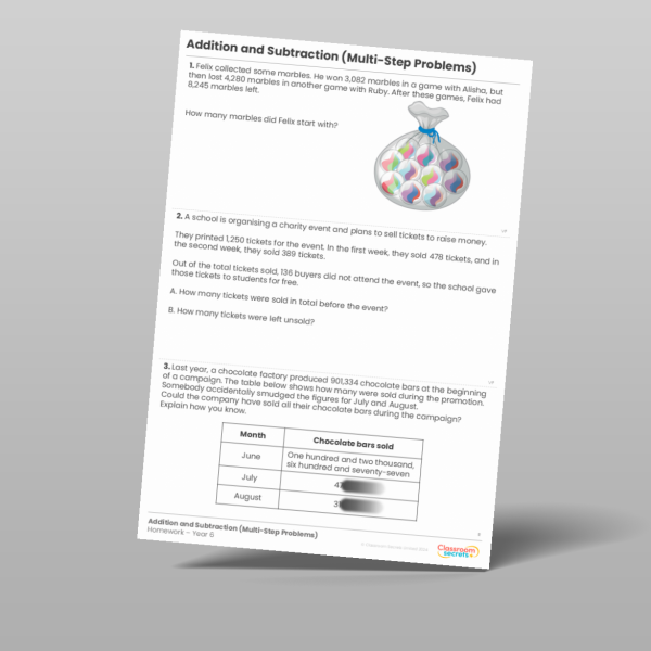 Year 6 Addition And Subtraction Multi Step Problems Homework Resource ...