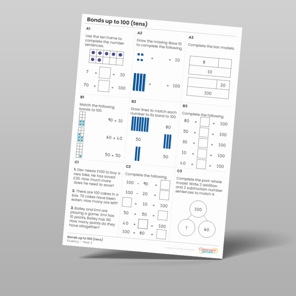Year 2 Bonds Up To 100 Tens Fluency Matrix Resource | Classroom Secrets
