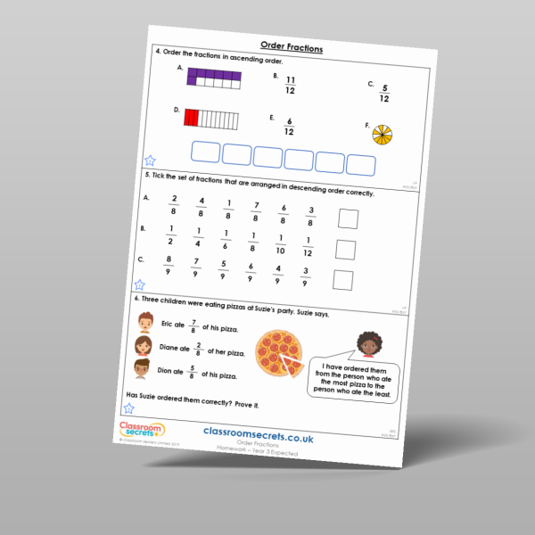 Year 3 Order Fractions Homework Resource | Classroom Secrets
