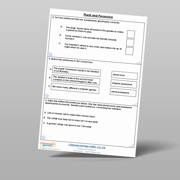 Year 5 Plural And Possessive Homework Resource | Classroom Secrets