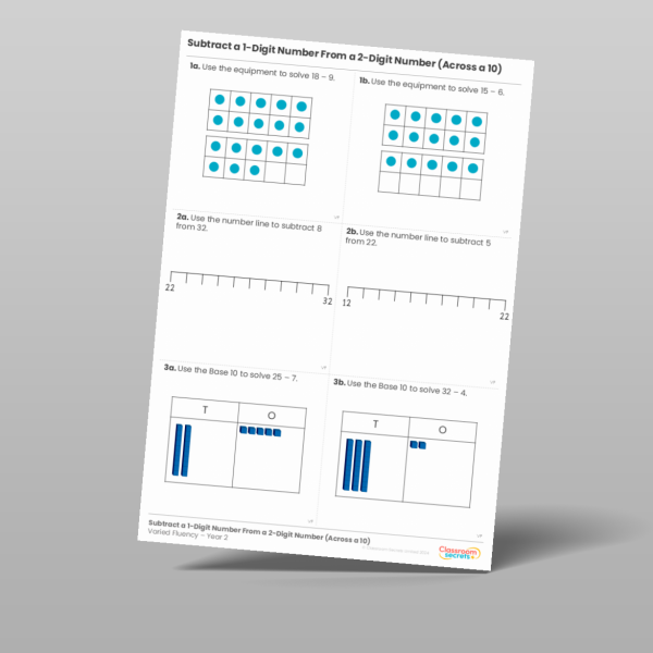 Year 2 Subtract A 1 Digit Number From A 2 Digit Number Across A 10 Varied Fluency 2 Resource ...