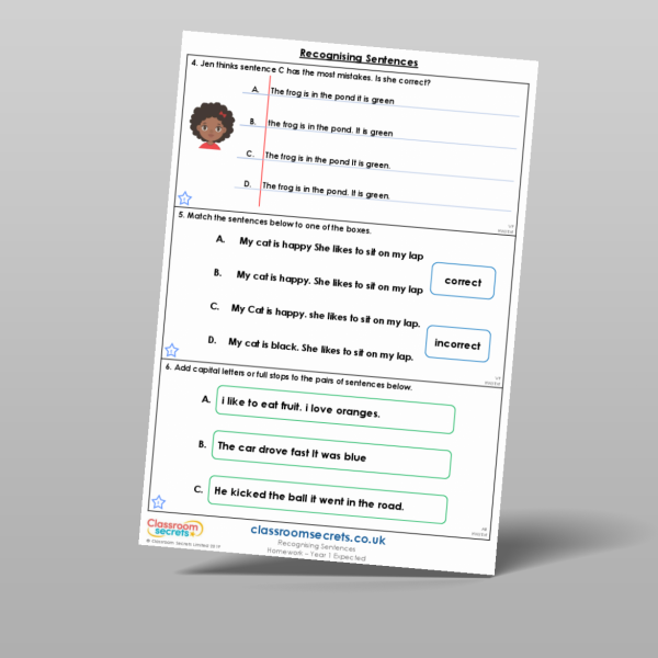 Year 1 Recognising Sentences Homework Resource Classroom Secrets