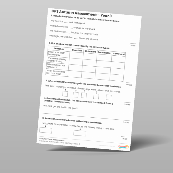 Year 3 Autumn Term Gps Assessment Resource | Classroom Secrets