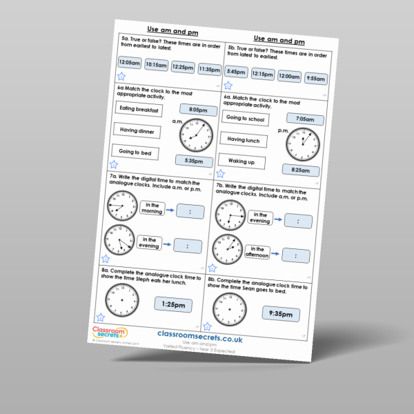 Year 3 Use Am And Pm Varied Fluency Resource | Classroom Secrets