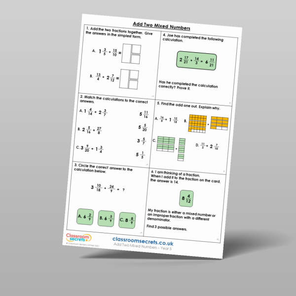 Year 5 Add Two Mixed Numbers Mixed Activity Resource | Classroom Secrets