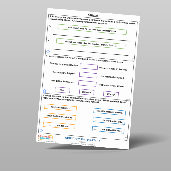 Year 4 Clauses Homework Resource | Classroom Secrets