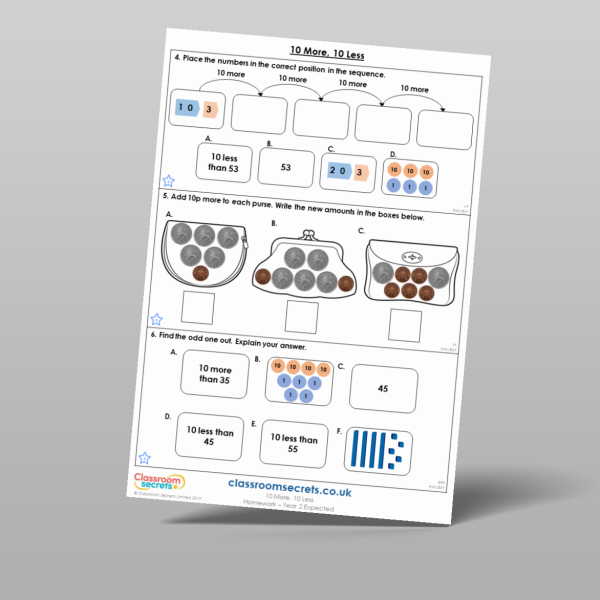 Year 2 10 More 10 Less Homework Resource | Classroom Secrets