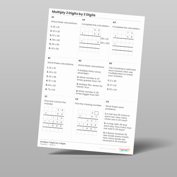 Year 5 Multiply 2 Digits By 2 Digits Fluency Matrix Resource ...