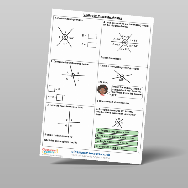Year 6 Vertically Opposite Angles Mixed Activity Resource | Classroom ...