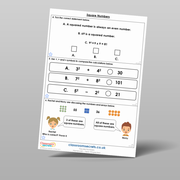 Year 5 Square Numbers Homework Resource | Classroom Secrets