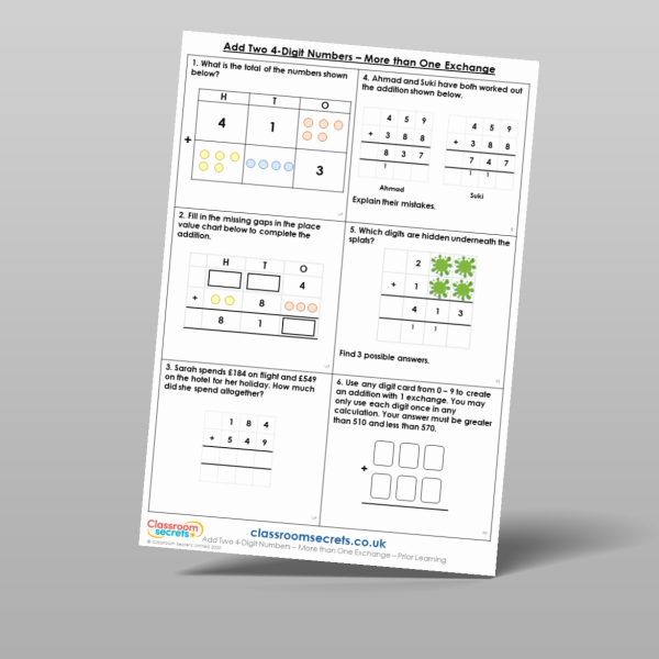 Year 4 Add Two 4 Digit Numbers More Than One Exchange Prior Learning ...