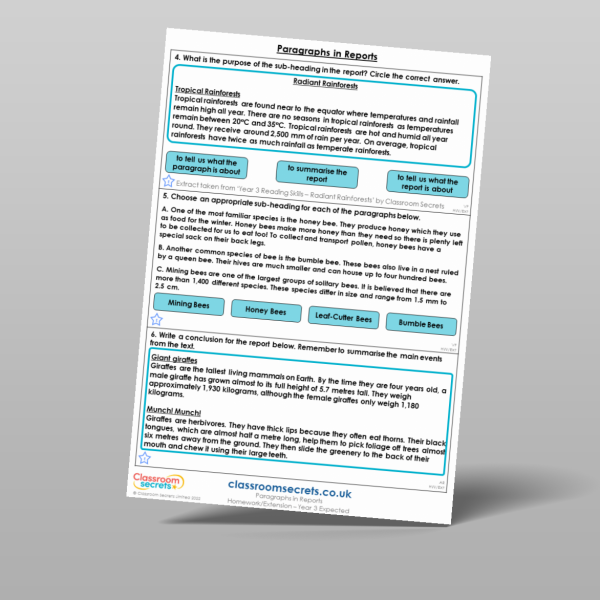 Year 3 Paragraphs In Reports Homework Resource | Classroom Secrets