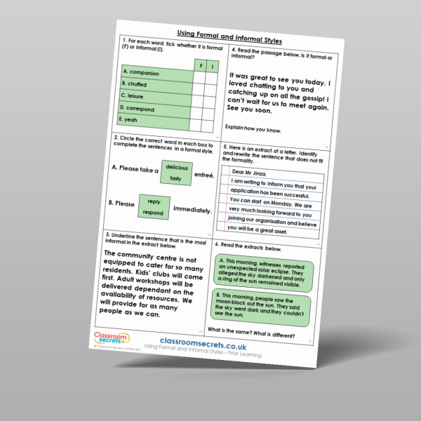 Year 6 Using Formal And Informal Styles Prior Learning Resource | Classroom Secrets