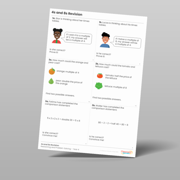 Year 4 4s And 8s Revision Reasoning And Problem Solving Resource ...