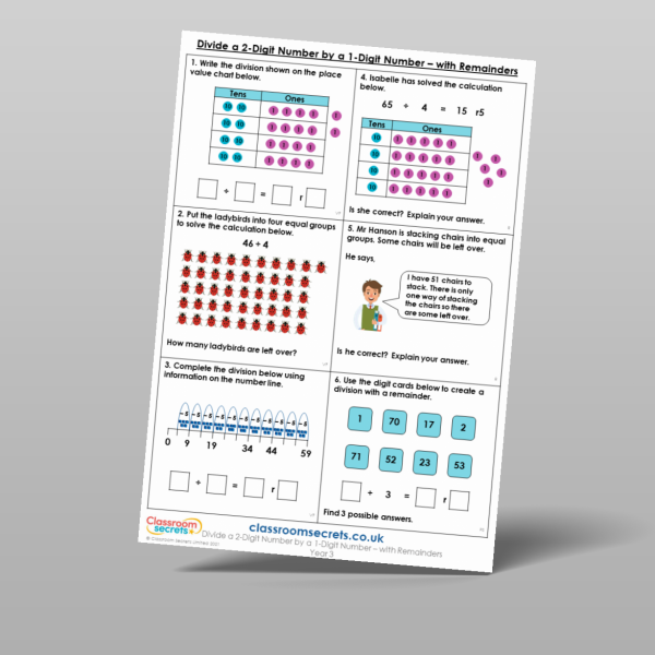Year 3 Divide A 2 Digit Number By A 1 Digit Number With Remainders ...