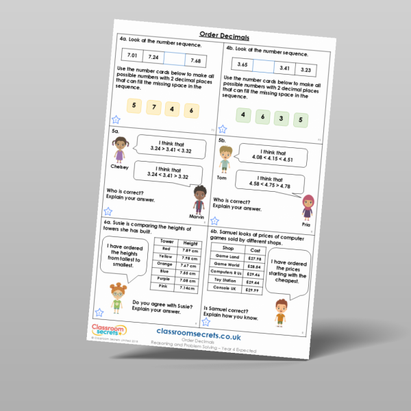 Year 4 Order Decimals Reasoning And Problem Solving Resource ...