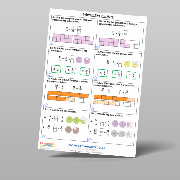 Year 4 Subtract 2 Fractions Varied Fluency Resource | Classroom Secrets