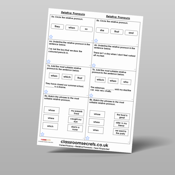 Year 5 Relative Pronouns Varied Fluency Resource | Classroom Secrets