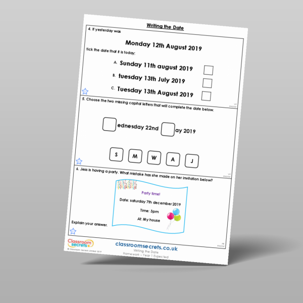 Year 1 Writing The Date Homework Resource | Classroom Secrets