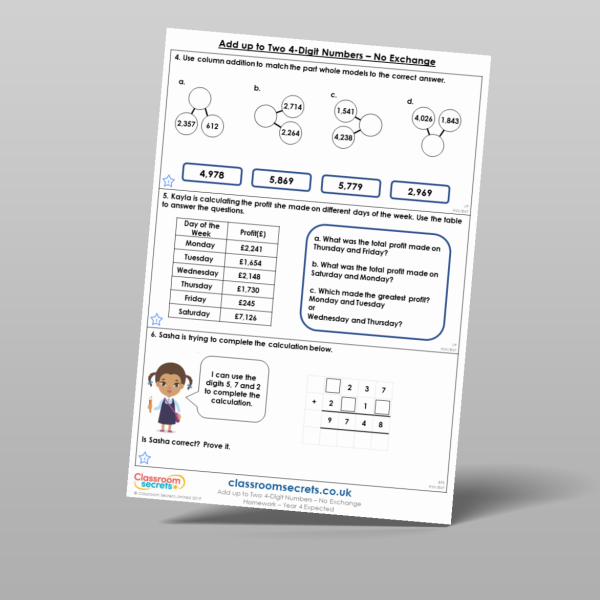 Year 4 Add Up To Two 4 Digit Numbers No Exchange Homework Resource ...