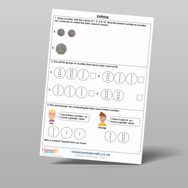 Year 1 Unitising Homework Resource | Classroom Secrets