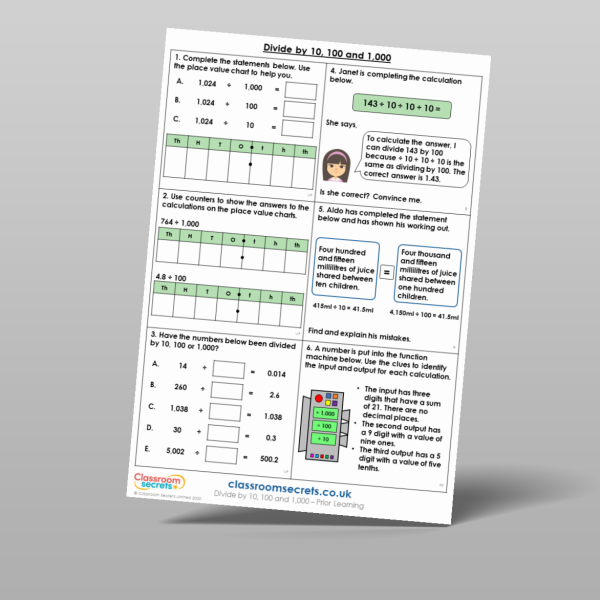 Year 6 Divide By 10 100 And 1 000 Prior Learning Resource | Classroom ...