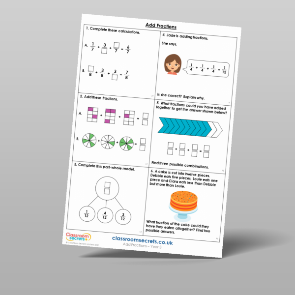 Year 3 Add Fractions Mixed Activity Resource | Classroom Secrets
