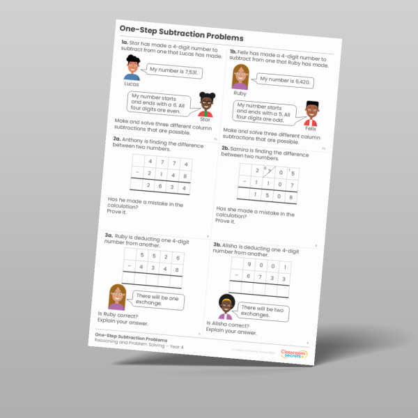 Year 4 One Step Subtraction Problems Reasoning And Problem Solving ...