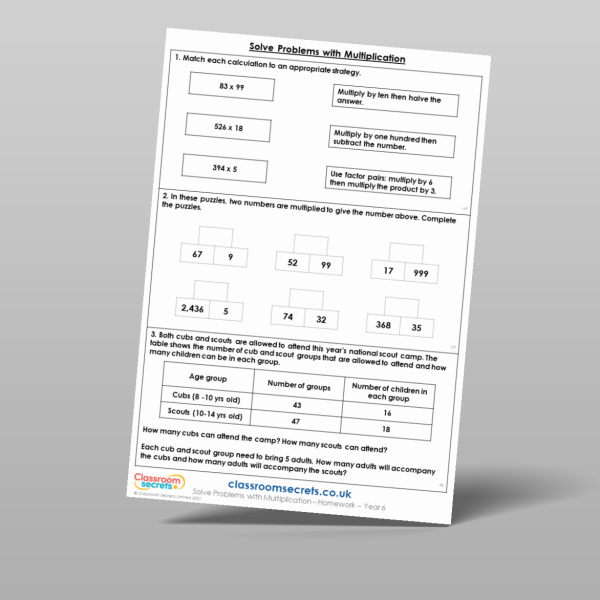 Solve Problems with Multiplication Homework Resource | Classroom Secrets