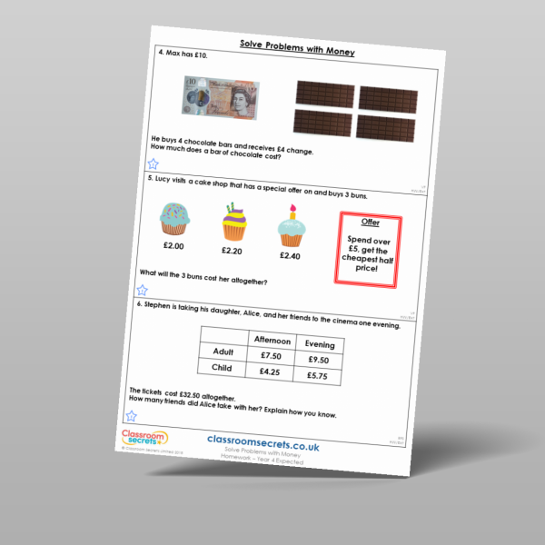 Year 4 Solve Problems With Money Homework Resource | Classroom Secrets
