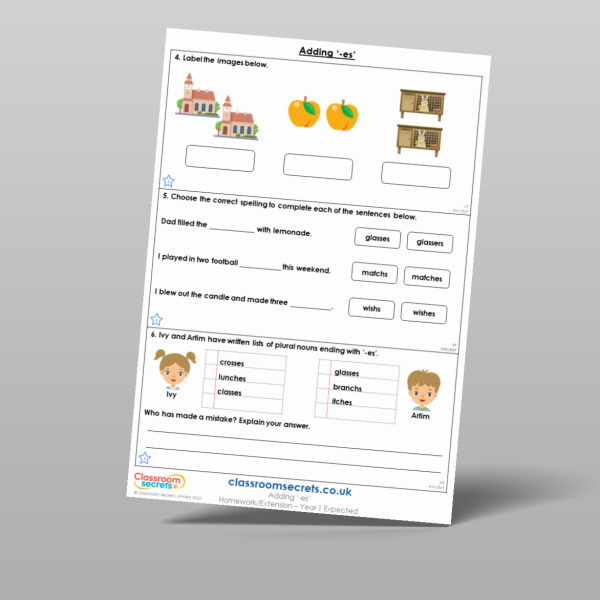 Year 1 Adding Es Homework 2 Resource | Classroom Secrets