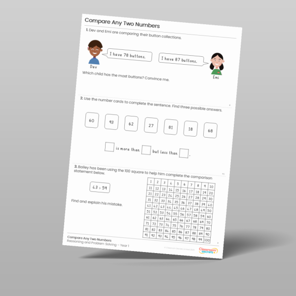 Year 1 Compare Any Two Numbers Reasoning And Problem Solving Resource Classroom Secrets