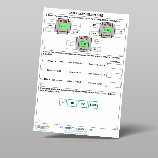 Year 6 Divide By 10 100 And 1000 Homework Resource | Classroom Secrets